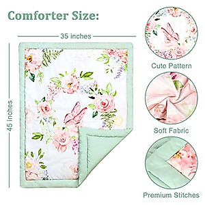 CARUILI 4-Piece Crib Bedding Set, Baby Girl Crib Bedding Set Butterflies Floral Nursery Bedding Set Includes Comforter, Fitted Crib Sheet, Crib Skirt, and Diaper Stacker, Green & Pink