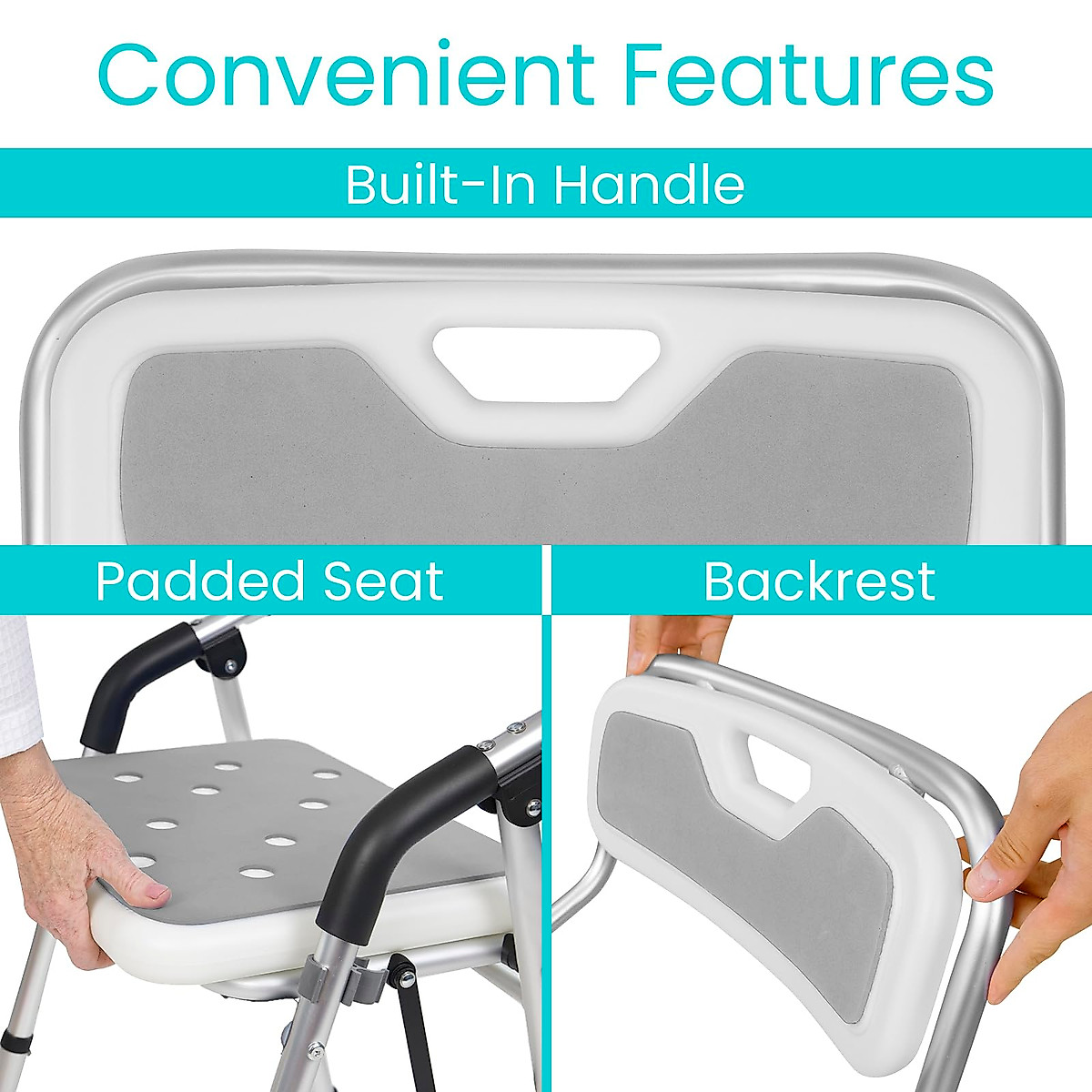 Vive Shower Chair For Elderly And Disabled - Folding Seat With Arms And Back - Foldable Bathroom Chairs For Sitting, Inside Shower - Portable For Travel - Fold Down, Collapsible, Compact & Comfortable