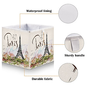Kigai Foldable Storage Bins Cube,Paris Eiffel Tower Closet Storage Baskets for Shelves Storage Box Open Storage Bins or Nursery Shelf, Closet, Office 16x10x7in