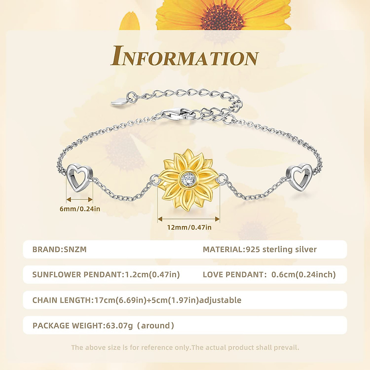 SNZM Bracelets for Women-925 Sterling Silver Sunflower Bracelet Chain Adjustable Heart Charm Link Birthday Sunflower Jewelry Gifts for Women/Daughter/Girlfriend