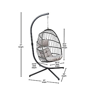 Flash Furniture SDA-AD608001-GY-GG Cleo Patio Hanging Egg Chair, Wicker Hammock with Soft Seat Cushions & Swing Stand, Indoor/Outdoor Cushions, Gray