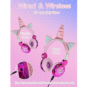 charlxee 𝟐𝟎𝟐𝟑 𝐍𝐞𝐰 Unicorns Kids Wireless Headphones with LED Lights,Headsets with Mic for School,30H Playtime,95dB Volume Limited,HD Stereo On/Over Ear Headsets,Unicorns Gifts(Hot-Pink)