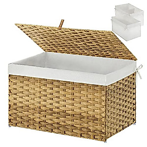 Greenstell Storage Basket with Lid, Handwoven Large Shelf Basket with Cotton Liner and Metal Frame, Foldable & Easy to Install, Storage Box Basket Bin with Handle for Bedroom, Laundry Room 65L (Natural, 22.2x13.4x13.4 inch)