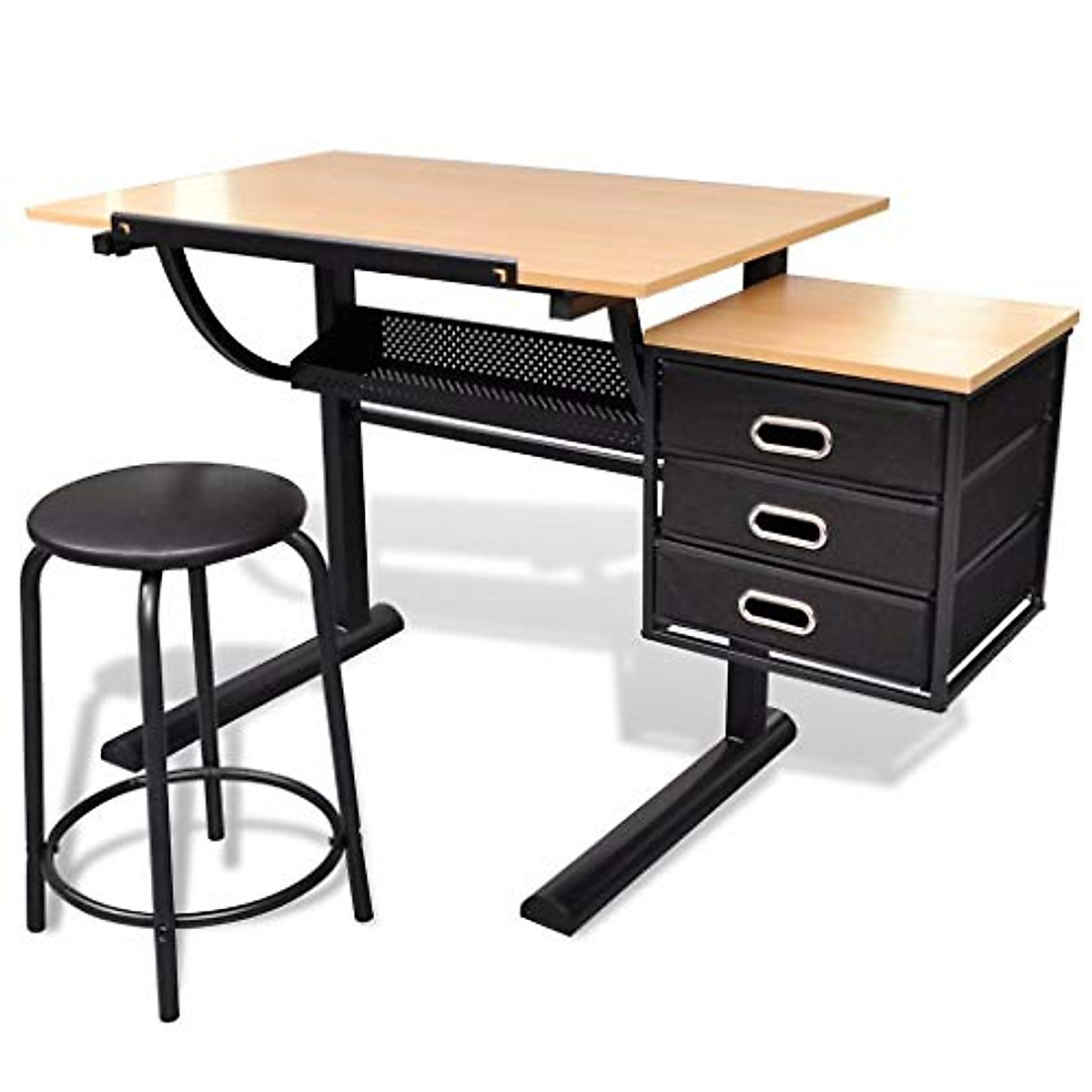EstaHome Drafting Draft Desk with Stool and 3 Drawers | Tiltable Tabletop Drawing Table Art Desk for Reading, Writing Art Craft Work Station | Natural MDF and Iron Legs | 47" x 23.6" x 30.5"