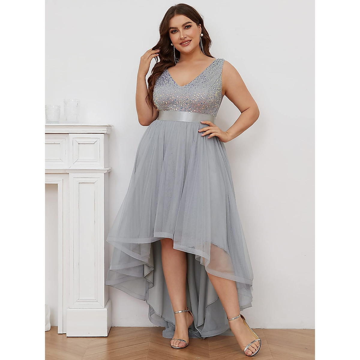 Ever-Pretty Womens Double V Neck A Line High Low Sequin Tulle Plus Size Formal Dresses for Curvy Women Silver US16
