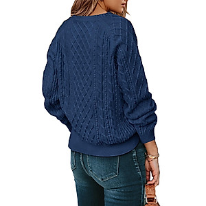 KIRUNDO Womens Sweaters 2024 Fall Winter Henley Long Sleeve Button Crew Neck Cable Knit Loose Cropped Sweater Pullover(Blue, Medium)