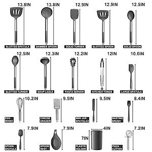 Silicone Kitchen Utensils Set, E-far 30-Piece Cooking Utensils Set with Holder, Heat Resistant Kitchen Spatulas Turner Tong Spoon Whisk Ladle for Nonstick Cookware, Stainless Steel Handle (Gray)