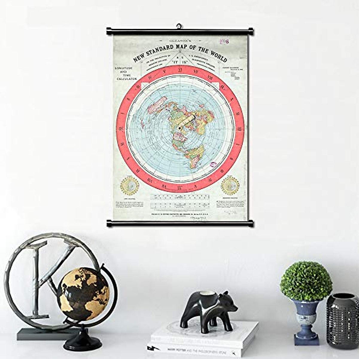 ASENART Flat Retro Earth Map - Gleason's New Standard Map of The World Canvas Print Scroll Poster with Black Plastic Scroll Hanger Ready to Hang-12"x18"