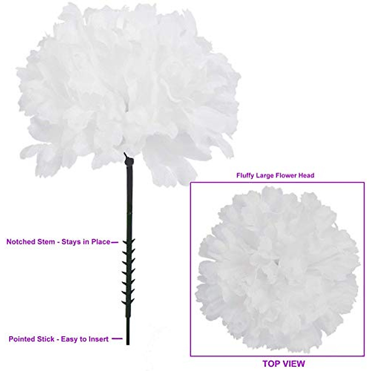 Floral Home Silk Carnation Picks | Artificial Flower Heads for Weddings, Decorations, DIY Decor and More (3.5" White Carnation Heads, 5" Stems), Pack of 100