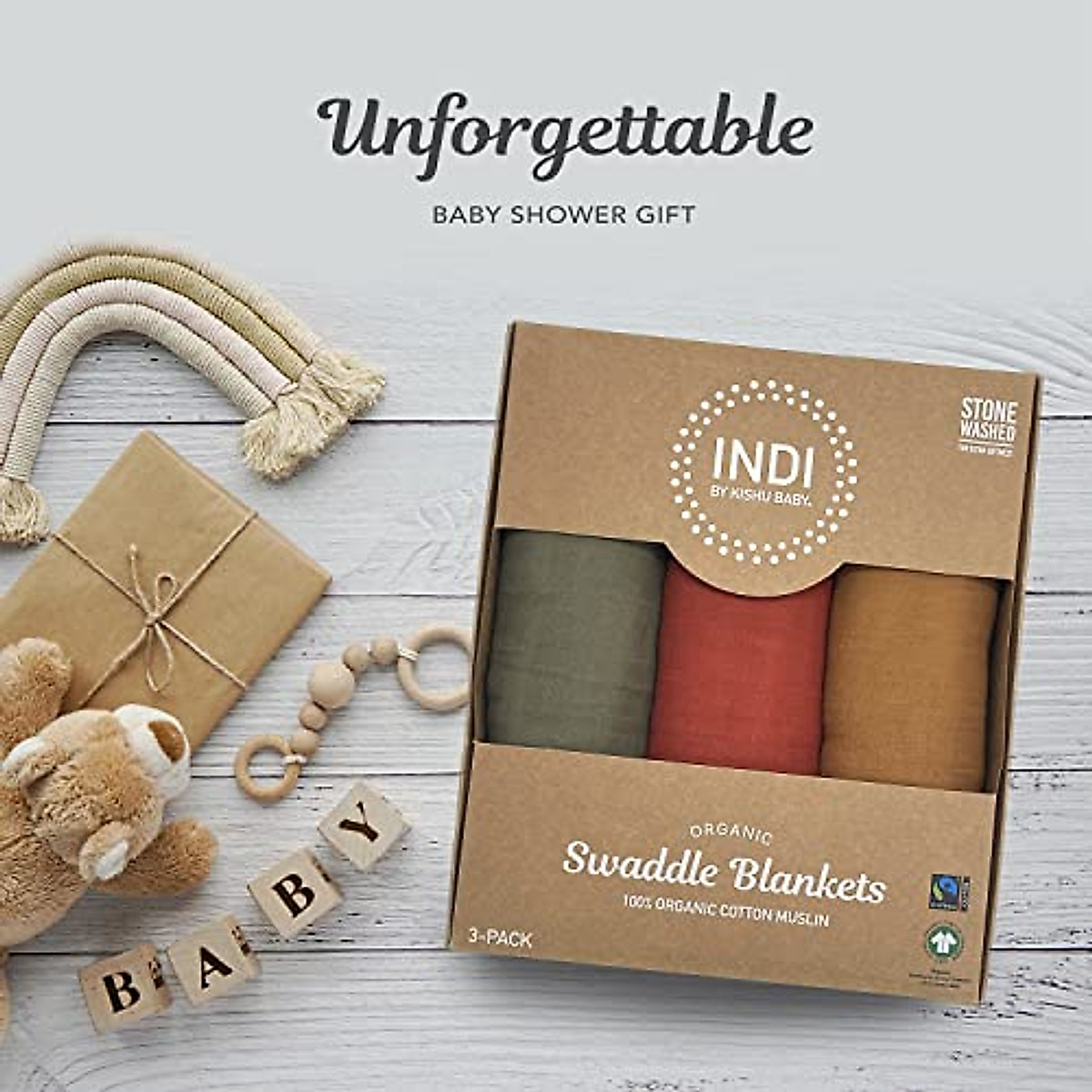 Kishu Baby Indi GOTS Organic Muslin Swaddle Blanket Gift Set in Earthy, Gender Neutral Colors - Stone Washed for Extra Softness – Fairtrade Certified, XL 47 in x 47 in (Dark Olive, Rust, Caramel)