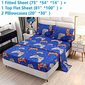 SDIII 4PCS Blue Gamer Sheets Set Full, Bed in a Bag Gaming Bedding Sheet Full, Wrinkle and Fade Resistant, Cute Bedding Sheets for Kids, Boys and Girls, Full