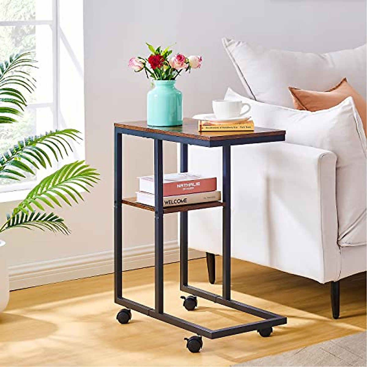 Hoctieon C Shaped End Table, Slim Side Table, Small End Table with Wheels, Snack Side Table with Storage, Sofa Table, for Living Room, Sofa, Couch, Bedroom, Vintage, Rustic Brown