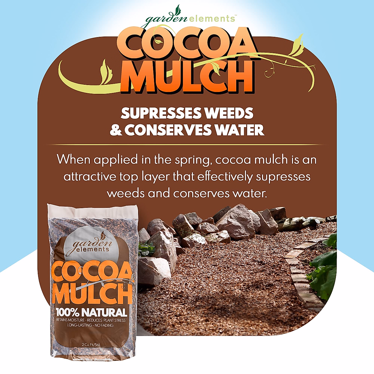 Garden Elements 100% Natural Cocoa Bean Shell Mulch for Gardens, Flower Beds, Potted Plants, Mulching (2 Cubic Foot Bag)