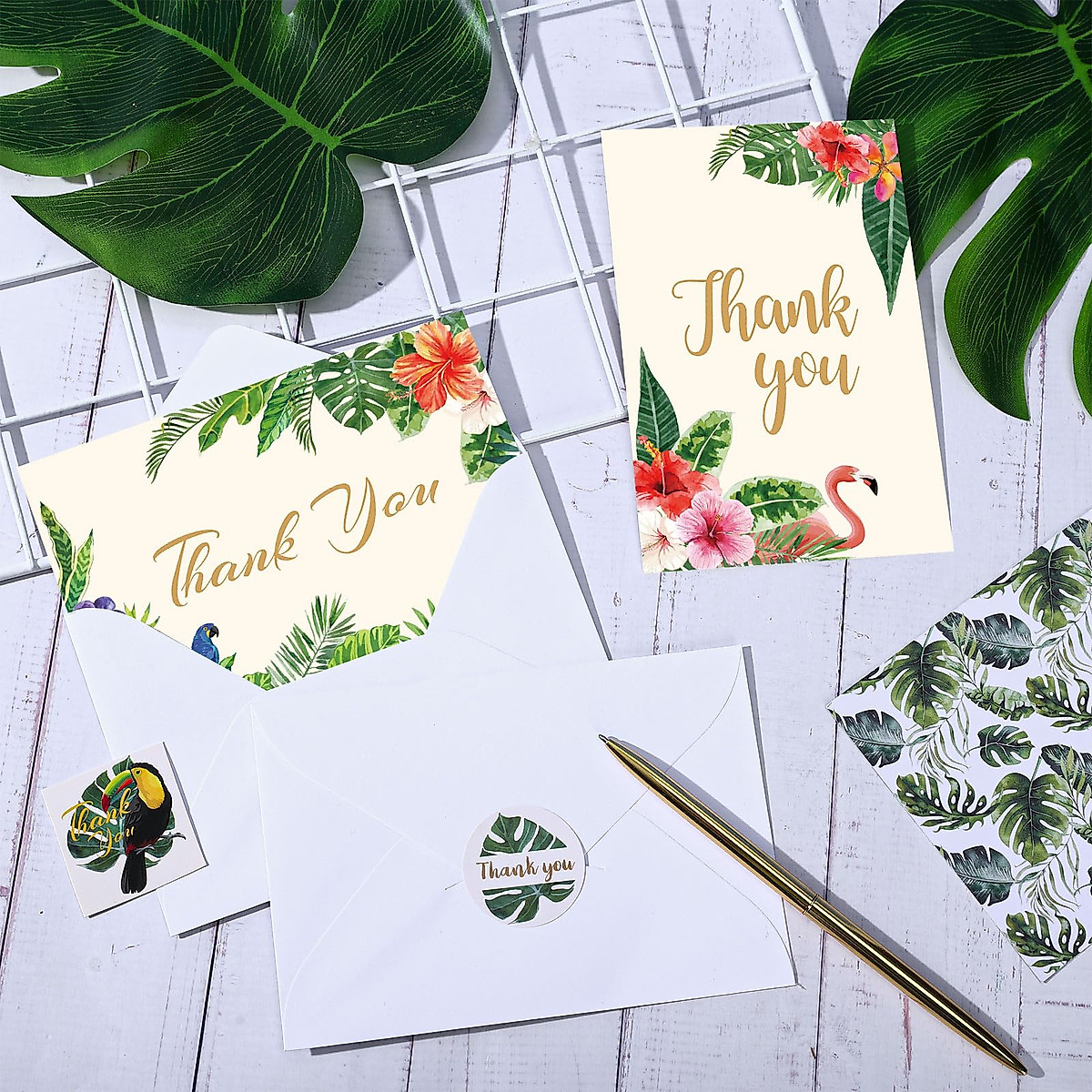Whaline 36 Pack Tropical Thank You Cards Summer Note Cards with Stickers Envelopes Flamingo Palm Leaves Cards for Holiday Wedding Baby Shower Birthday Bridal Party and All Occasions, 4 x 6 Inch