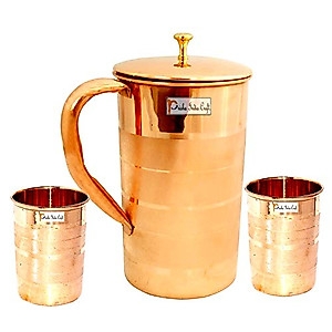 Copper Pitcher and 2 Tumbler Set, Pure Copper Jug, Handmade, 54 Ounce, Best for Water, Ayurveda, Moscow Mule, Cocktails