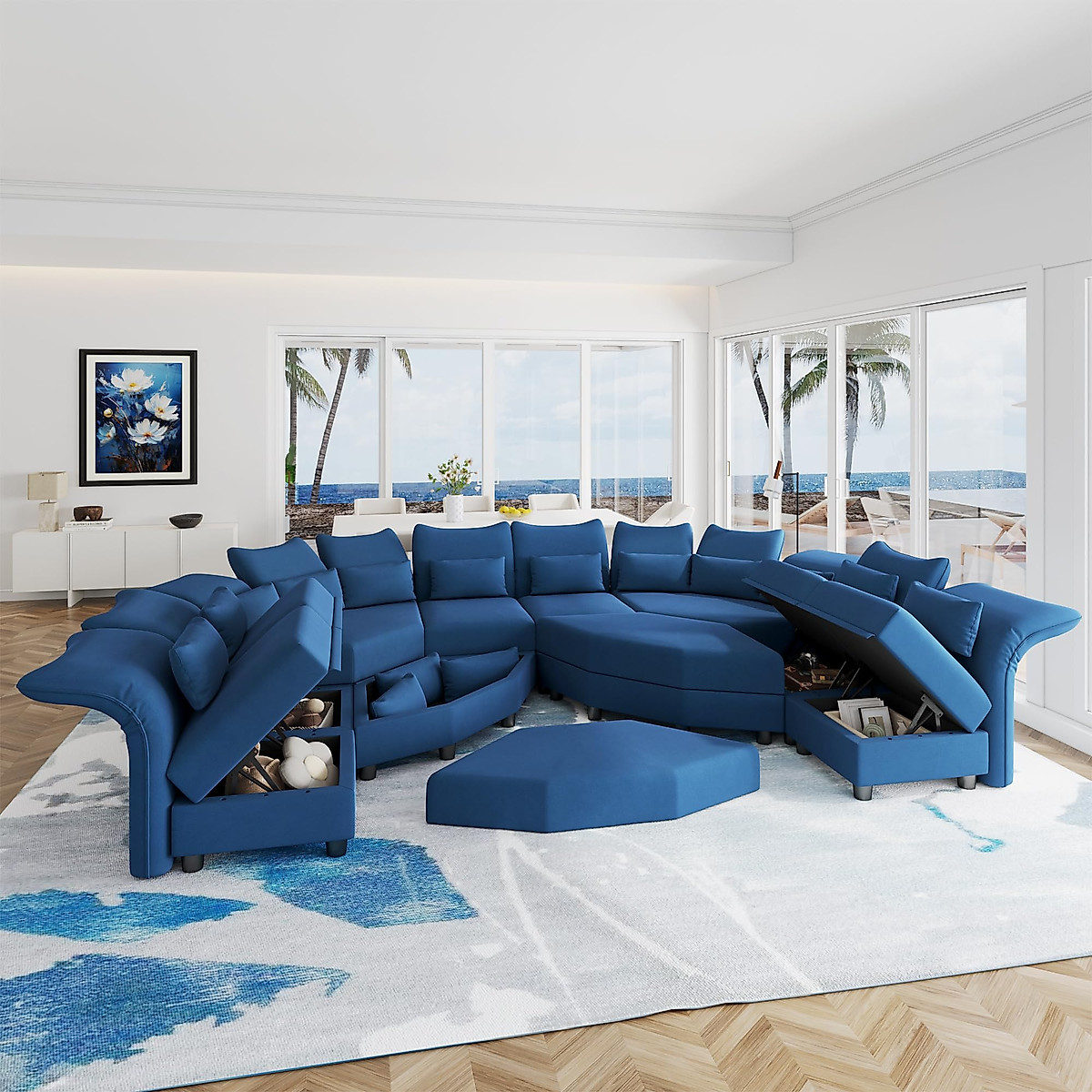 LLappuil Sectional Sofa Convertible U Shaped High Back Modular Couch with Storage Wide Chaise 10 Seat Comfy Modular Sectional Couch Scratch Resistant Easy Clean for Living Room, Blue