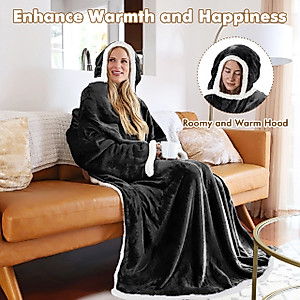 Tirrinia Sherpa Hood Wearable Blanket for Adult Women and Men, Super Soft Comfy Warm Plush Throw with Sleeves TV Blanket Wrap Robe Hoodie Cover for Sofa, Couch 72" x 55" Black
