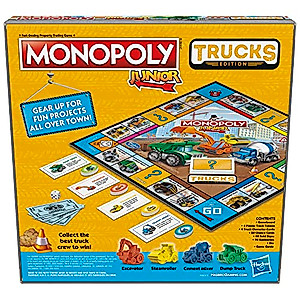 Hasbro Gaming Monopoly Junior Trucks Edition Board Game for Kids Ages 5+, 2-4 Player Kids Games
