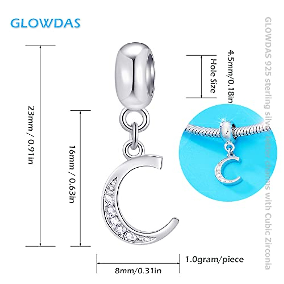 Letter C Charms Initial C Alphabet Pendant Beads, 925 Sterling Silver Letra Charm Dangle with CZ, fit Pandora Christmas Bangle Bracelet, Gifts for Cousin/Chanukah/Cinderella