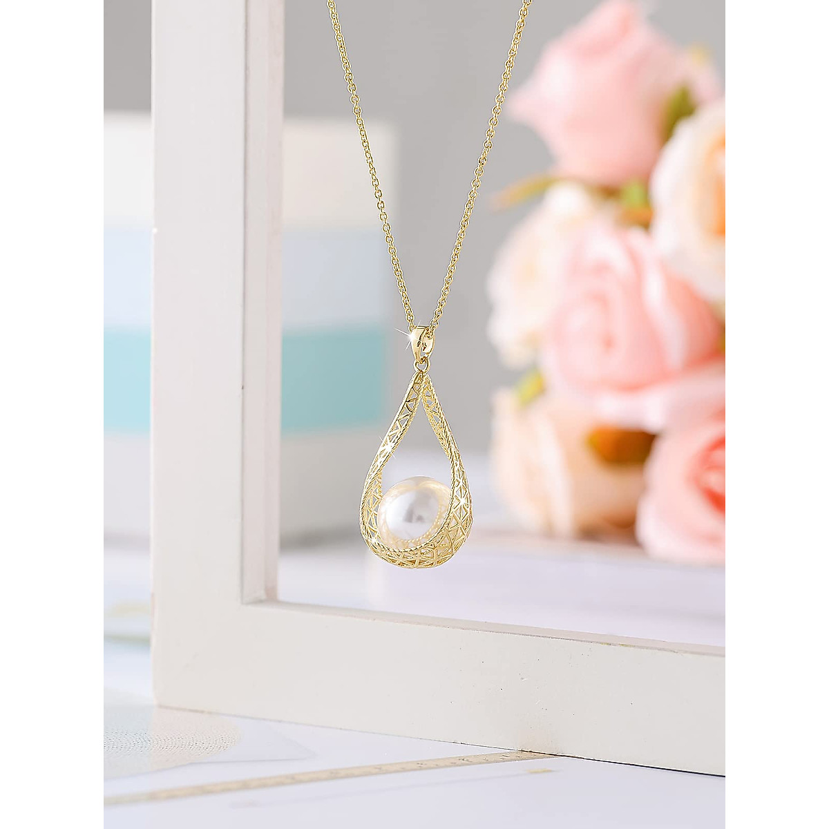 Big Grey Gray Pearl Large Pendant Drop Dangle Simple Prom Formal Necklace for Women Trendy Handmade Hypoallergenic 14K Glod Plated Costume Jewelry (Grey-14K Gold)