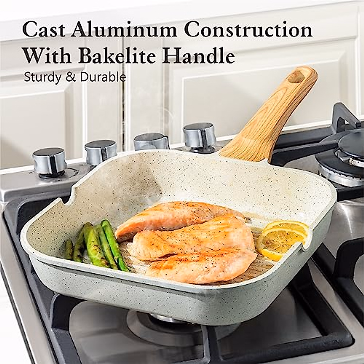 SENSARTE Nonstick Ceramic Grill Pan for Stove Tops, Versatile Square Grilling Pan with Pour Spouts, Durable Grill Skillet for All Stoves(Gas,Electric,Induction) Non Toxic-PTFE,PFAS,PFOA Free, 9.5Inch