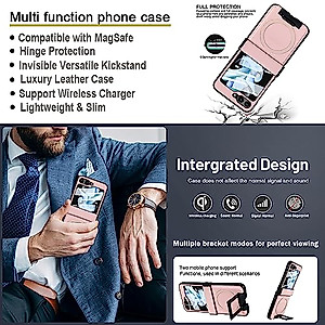 Woluki for Galaxy Z Flip 5 Case with Hinge Protection, Compatible with MagSafe, Built-in Invisible Stand Military Drop Shockproof Luxury Leather Phone Cover for Samsung Galaxy Z Flip5 5g 2023 (Pink)