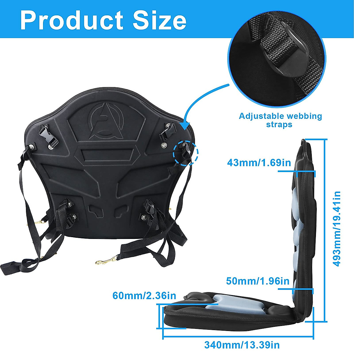 Kayak Seat Thickened Padded Kayak Seat Extra Thick Padded Sit-On-Top Canoe Seat Cushioned - Deluxe Fishing Boat Seat with 4 Pairs Fixed D-Ring & 4 Tie Down Pad Eyes and Screws for Kayaks Boats Canoes