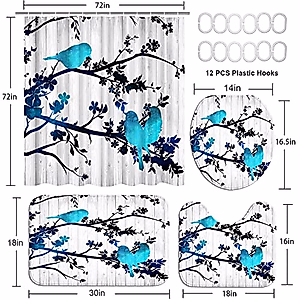 ArtKissMore Bird Tree Shower Curtain Set with Non-Slip Rugs Toilet Lid Cover and Bath Mat Flower Tree and Birds Animal Print Design Bathroom Curtains Fabric Decor with 12 Hooks