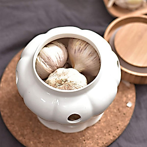 White Garlic Container, Potato Onion Kitchen storage Jar, 12 Vented Bamboo Wood Lid, Garlic Crisper, Food Storage Container (White)