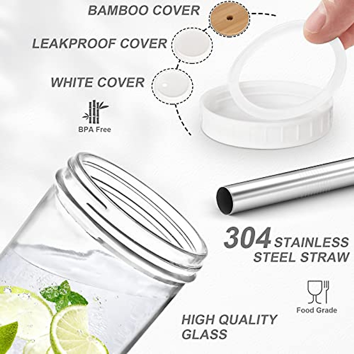 zunmial 4 Pack Smoothie Cup Boba Cup,16oz Mason Jar With Bamboo Lid and Straw, Bubble Tea Cups Mason Jar Cups