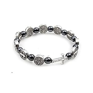 St. Benedict Stretch Bracelet, Hematite Pearls & Cross - Catholic