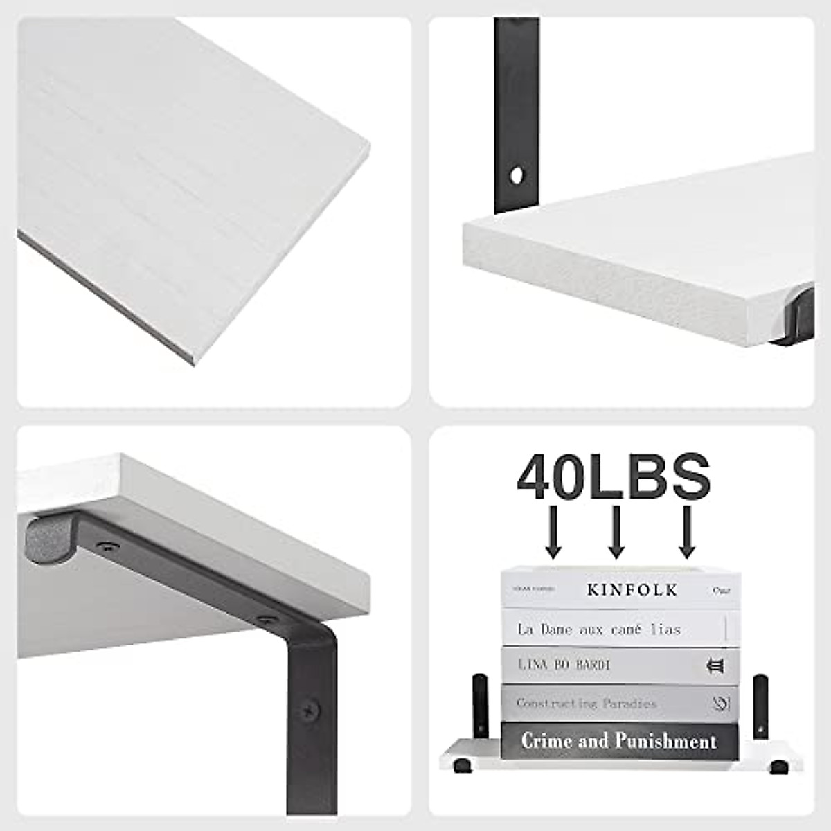 Afuly White Wall Shelves Bathroom Floating Shelves, Shelves for Wall Storage Decor, Wall Mounted Shelves for Bathroom Bedroom Living Room, Floating Book Shelves for Wall Black, Set of 2