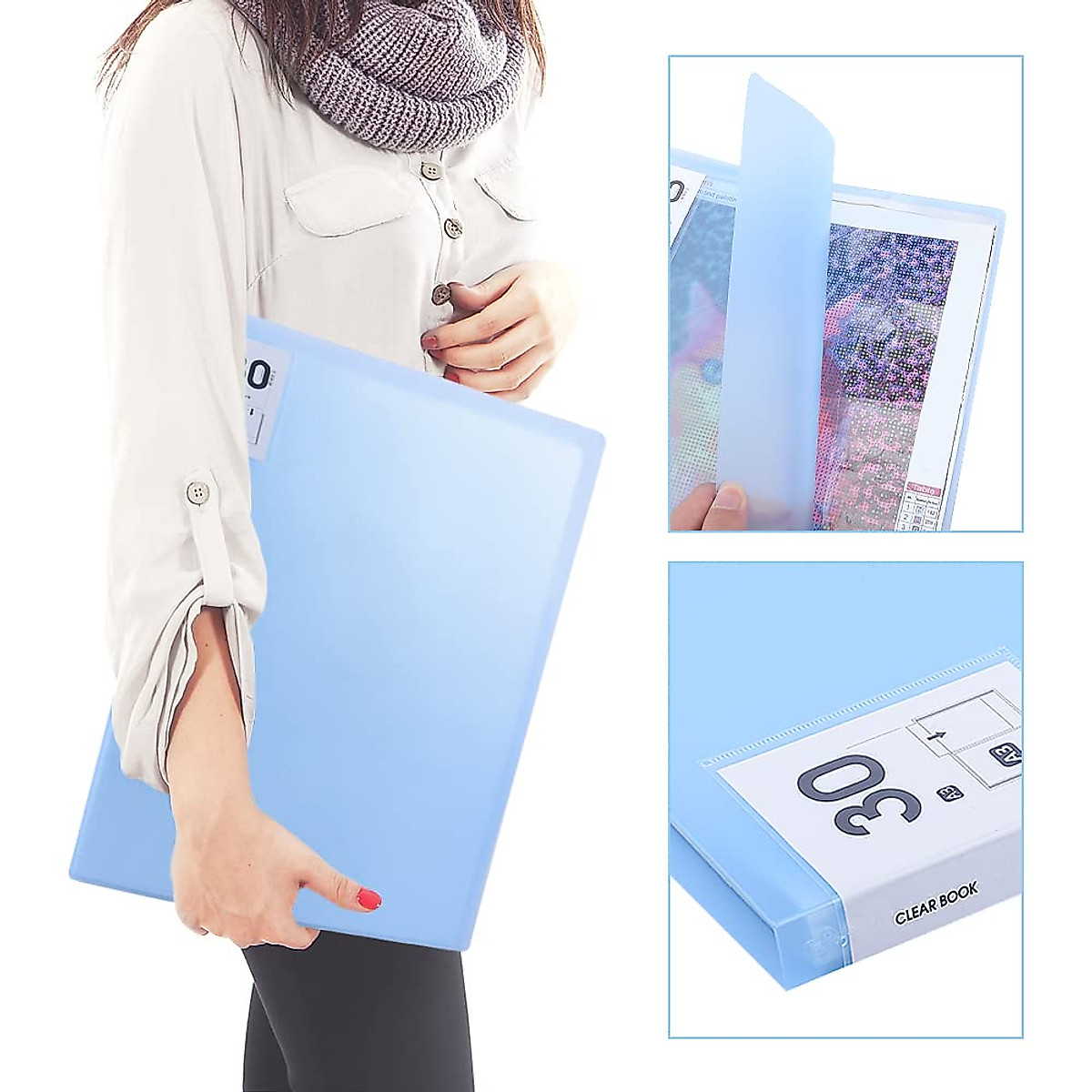 A3 Diamond Painting Storage Book for Diamond Painting Kits Diamond Art Storage Presentation Book Diamond Art Portfolio Folder with 30 Pocket Slevees Protectors(Blue)