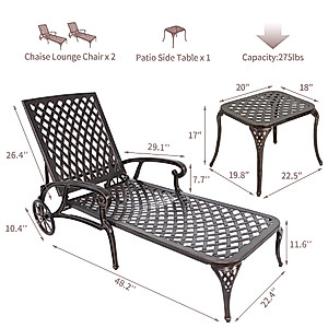 Villeston Chaise Lounges for Outside - Lounge Chairs Outdoor Set of 3 Pool Tanning Chair Adjustable Patio Recliner with End Table Cast Aluminum for Beach Yard, Antique Bronze