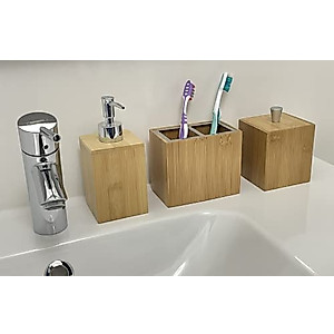 Bamboo Bathroom Accessories Set with Bamboo Trash Can 5 Piece Complete Wood Boho Bathroom Accessory Set Toiletry Box Toothbrush Holder Liquid Bamboo Soap Dispenser Wood Towel Tray Bamboo Decor