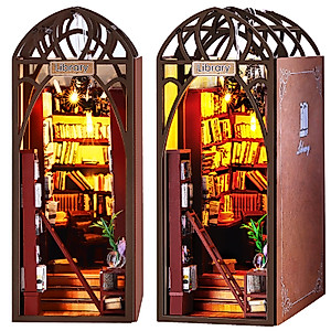 Book Nook Kit, DIY Miniature Dollhouse Booknook Kit, 3D Wooden Puzzle Bookend Bookshelf Insert Decor with LED Light for Adults and Teens, Gifts for Family and Friends (Library)