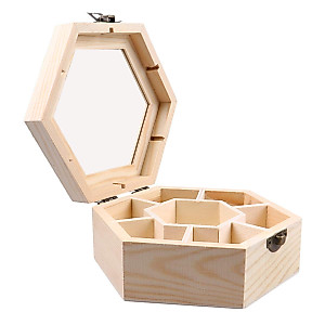 Wood Jewelry Storage Box with Hinged Lid Window DIY Hexagon Jewelry Display Case Desktop Compartment Sundries Organizer Unfinished Holder Box Table Organizer