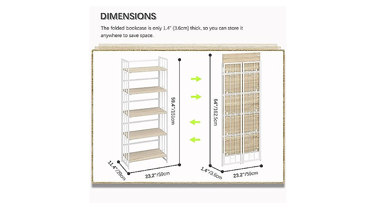 4NM No-Assembly 5 Tiers Folding Bookshelf Storage Shelves Vintage ...