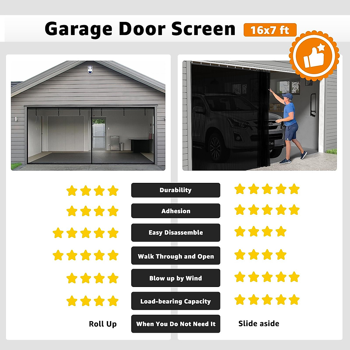 Sliding Garage Door Screen with Track Closure - Retractable Privacy Curtain Keep Annoying Animals Out Easy Install Heavy Duty Fiberglass Mesh Net for Opening Garage Patio (Black, 16 ft x 7 ft)