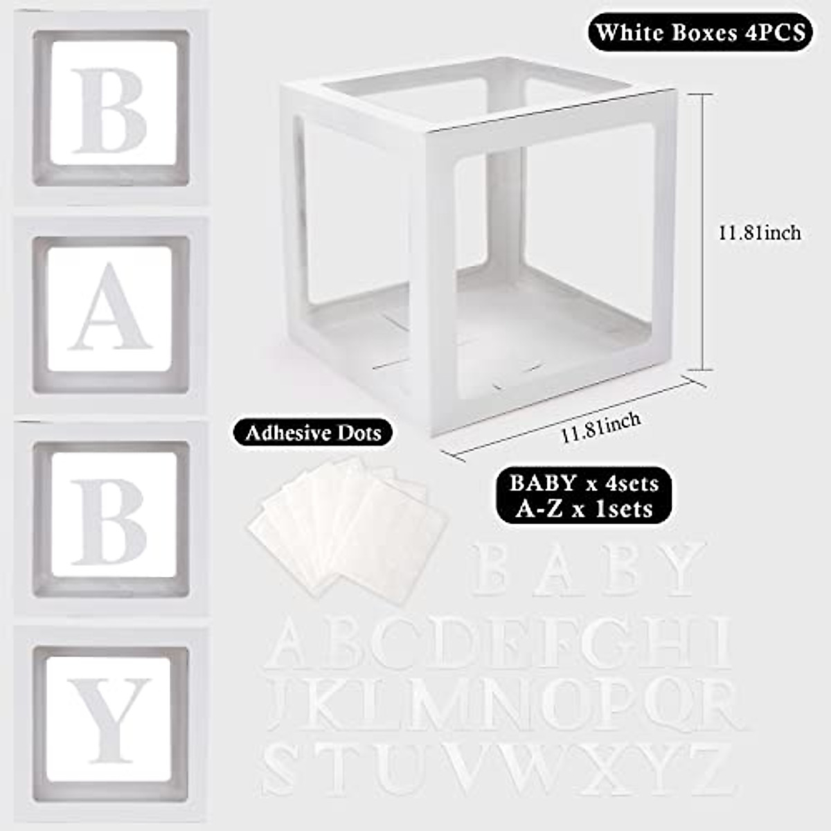 Voircoloria Baby Boxes with 42pcs Letters for Baby Shower Transparent Balloon Boxes Clear Balloon Box Blocks for Boy Girl Gender Reveal Party and Birthday Party (White)