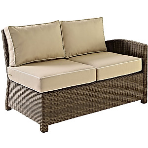 Crosley Furniture Bradenton Outdoor Sectional Right Side Loveseat, 2-Person Wicker Patio Couch for Deck, Brown with Sand Cushions