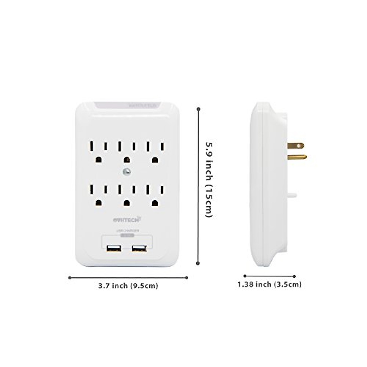 Multi-Function Wall Mount Outlet Adapter, Surge Protector Charging Station, OviiTech Dual 2.1AMP USB Charging Ports,6 AC Socket Outlet Splitter Plugs,White,ETL Certified