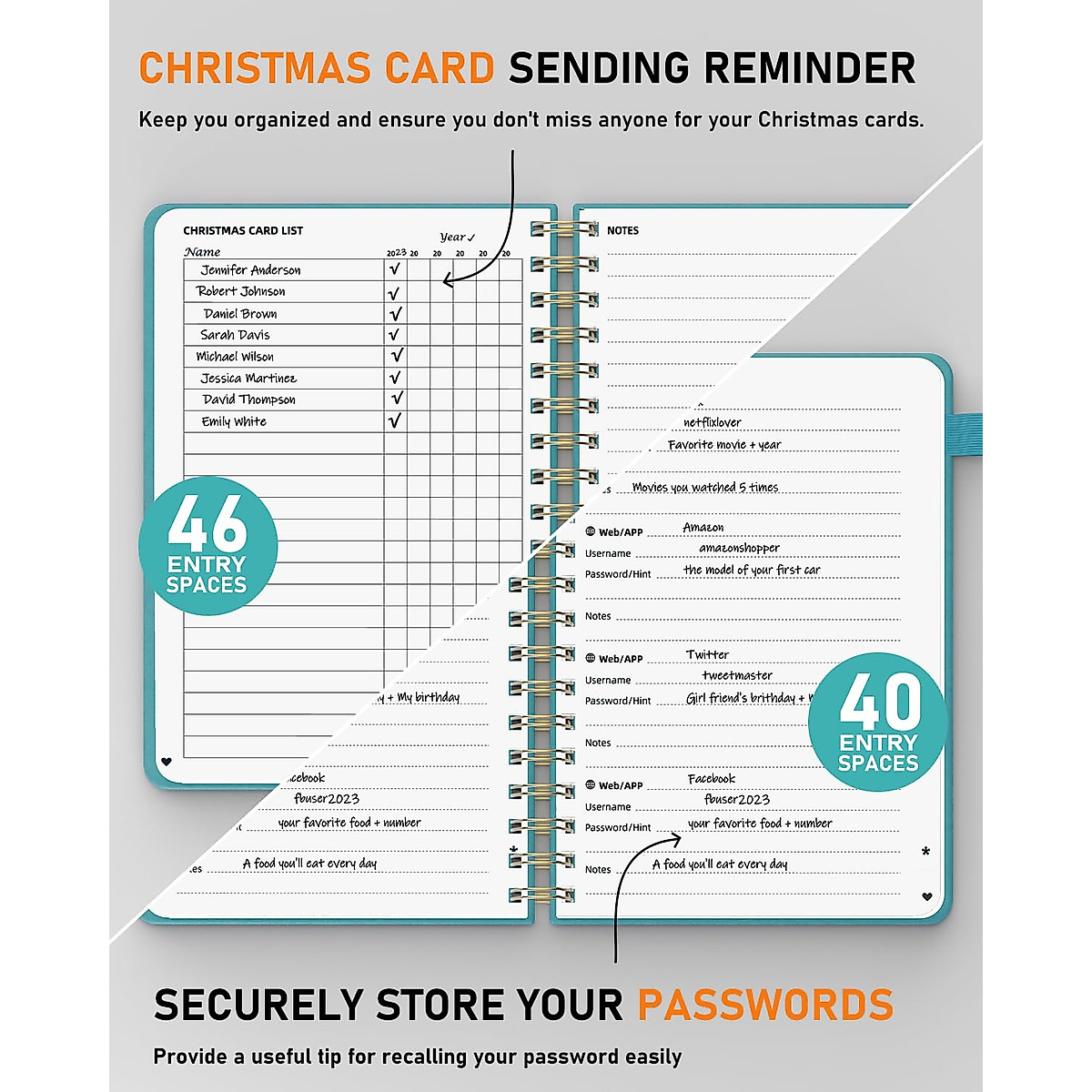 WEMATE Spiral Address Book with Alphabetical Tabs, Leather Password Book, Address Organizer Telephone Notebook Journal Keep Contact Safe Hardcover Large Print for Seniors Home Office 5.8″×8.2″, Green
