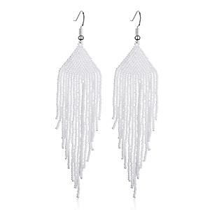 Handmade Beaded Tassel Earrings - Boho Drop Fringe Earrings for women, Native American Indian Earrings (Long White)