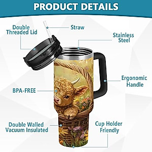 Flradish 30oz Tumbler with Handle, Highland Cow Flowers Stainless Steel Tumbler with Lid and Straws Double Wall Vacuum Insulated Leakproof Coffee Travel Mug