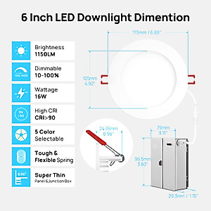 Consciot Ultra-Thin LED Recessed Lighting 6 Inch 12 Pack, Slim Junction Box, 2700k-5000k, CRI>90, 5CCT Dimmable Canless Retrofit Recessed Light Fixtures, 16W, 1150LM Wafer Downlight, ETL
