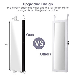 Giantex Wall Door Mounted Jewelry Armoire Cabinet with 47.5" H Full Length Mirror, 2 LEDs Lockable Jewelry Organizer Box with Bracelet Rod, 2 Drawers, Large Storage Capacity (Black)