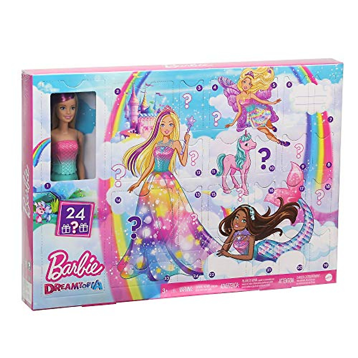 Barbie Dreamtopia Advent Calendar: Blonde Doll, 3 Fairytale Doll Fashions, 10 Accessories and 10 Storytelling Pieces Including 3 Pets, for 3 to 7 Years Old