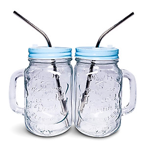 Home Suave Mason Jar Mugs with Handle, Regular Mouth Colorful Lids with 2 Reusable Stainless Steel Straw, Set of 2 (Light Blue), Kitchen GLASS 16 oz Jars,Refreshing Ice Cold Drink & Dishwasher Safe