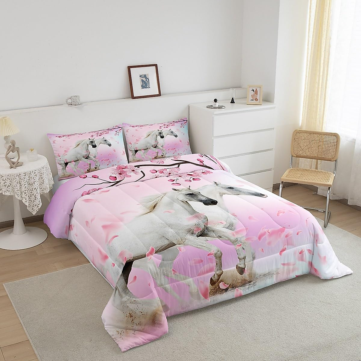 Manfei Farmhouse Horse Kids Comforter Set Twin Size,Sakura Cherry Blossom Romantic Bedding Set,Girls Boys Women Room Decor,Flowers Animals Rustic Down Comforter,Pink Dreamy Duvet Insert,1 Pillowcase